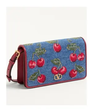 Valentino Garavani Vlogo Signature Mini Shoulder Bag In Denim With Cherryfic Embroidery