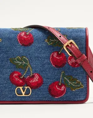 Valentino Garavani Vlogo Signature Mini Shoulder Bag In Denim With Cherryfic Embroidery