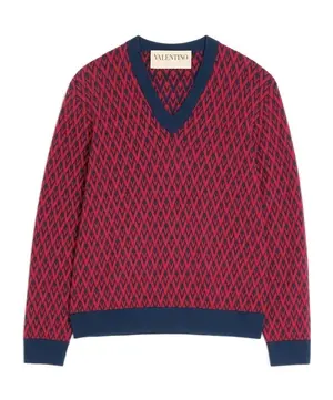 Valentino Garavani V-neck All-over Patterned Jumper - Navy Blue/raspberry