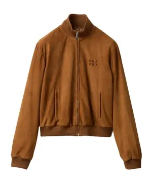 Miu Miu Waxed Suede Jacket With Knit Collar - Brown