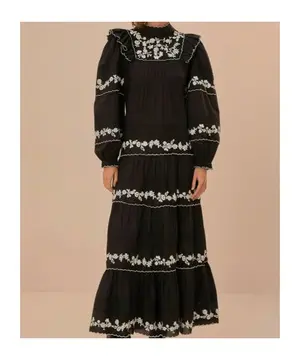 Farm Rio Embroidered Long Sleeve Maxi Dress