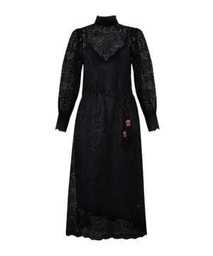 Farm Rio Lace High Neck Maxi Dress With Long Sleeves - Black