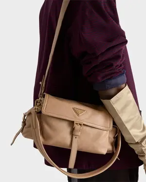 Prada Explore Medium Nappa Leather Shoulder Bag With Flap - Sand Beige