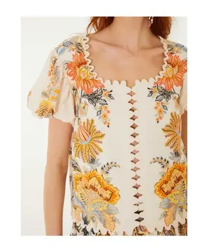 Farm Rio Floral-print Scallop-edge Top - Nude