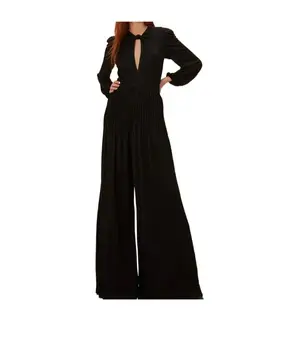 Farm Rio Pleated Keyhole Jumpsuit With Long Sleeves And Knot Detail - Black