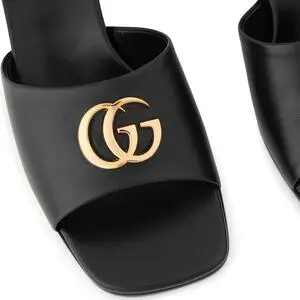 Gucci Leather Square-toe Slide Sandals With Metal Emblem