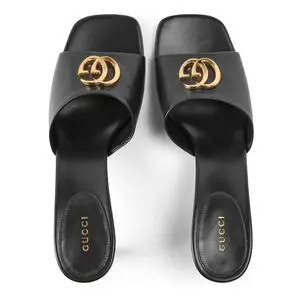 Gucci Leather Square-toe Slide Sandals With Metal Emblem