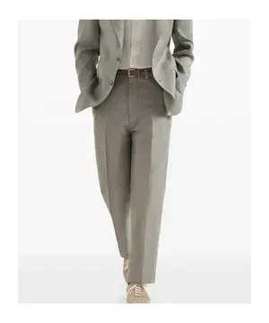 Brunello Cucinelli Cotton And Linen Panama Trousers With Pleat - Gray