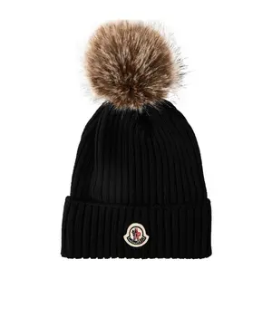 Moncler Ribbed Beanie With Fur Pom-pom - Black
