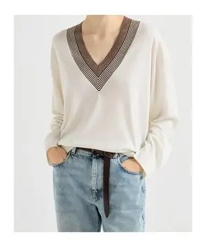 Brunello Cucinelli Striped V-neck Sweater - White