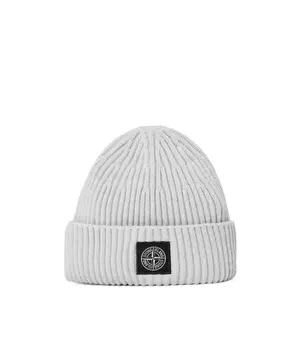 Stone Island Light White Ribbed Knit Beanie - The