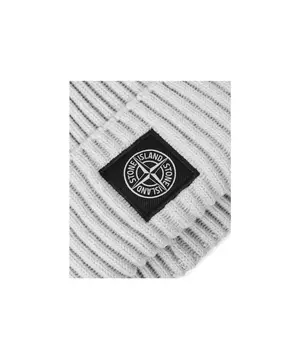 Stone Island Light White Ribbed Knit Beanie