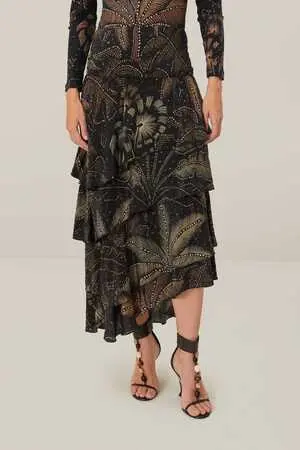 Farm Rio Foliage Tiered Printed Midi Skirt