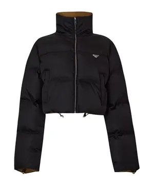 Prada Cropped Quilted Stand Collar Puffer Jacket - Black