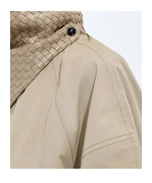 Bottega Veneta Cotton Trench Coat With Intrecciato Leather Collar