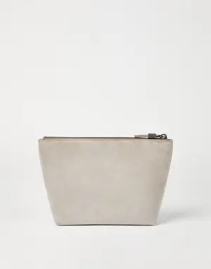 Brunello Cucinelli Suede Pouch With Shiny Zipper Pull - Light Gray