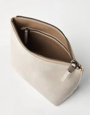 Brunello Cucinelli Suede Pouch With Shiny Zipper Pull - Light Gray