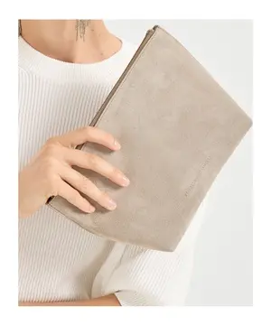 Brunello Cucinelli Suede Pouch With Shiny Zipper Pull - Light Gray