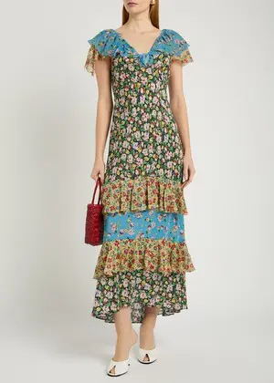 Rixo Benoite Floral Ruffled Silk Midi Dress