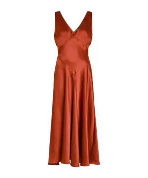 Polo Ralph Lauren V-neck Satin Midi Cocktail Dress - Brown