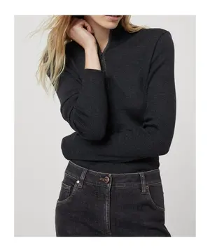 Brunello Cucinelli Ribbed Knit High Neck Top With Zip Detail - Anthracite