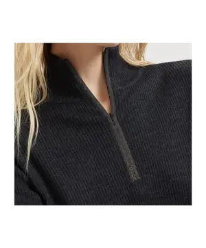 Brunello Cucinelli Ribbed Knit High Neck Top With Zip Detail - Anthracite