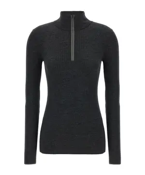 Brunello Cucinelli Ribbed Knit High Neck Top With Zip Detail - Anthracite