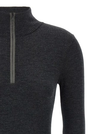 Brunello Cucinelli Ribbed Knit High Neck Top With Zip Detail - Anthracite