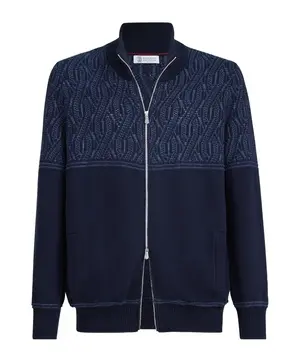 Brunello Cucinelli Jacquard Cable Cotton Cardigan - Navy Blue