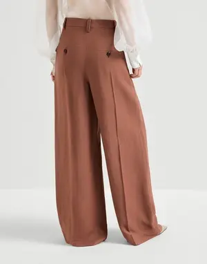Brunello Cucinelli Viscose And Linen Fluid Twill Wide Trousers With Monili - Brown