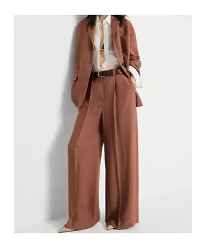 Brunello Cucinelli Viscose And Linen Fluid Twill Wide Trousers With Monili - Brown