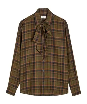 Saint Laurent Checked Tie-neck Cotton Shirt