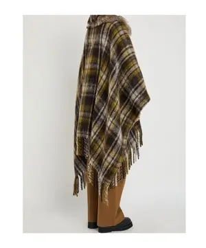 Moncler Monaco Panelled Checkered Cape With Fur Collar