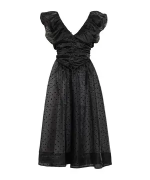 GANNI Polka Dot Ruched Organza Midi Dress