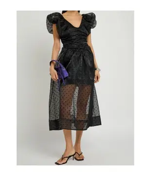 GANNI Polka Dot Ruched Organza Midi Dress