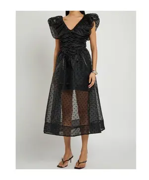 GANNI Polka Dot Ruched Organza Midi Dress
