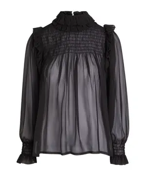 Saint Laurent Ruffled Sheer Silk Blouse - Black