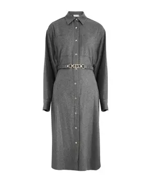 Moncler Belted Wool-blend Midi Shirt Dress With Logo Plaques