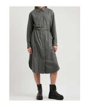 Moncler Belted Wool-blend Midi Shirt Dress With Logo Plaques