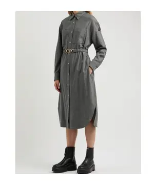 Moncler Belted Wool-blend Midi Shirt Dress With Logo Plaques
