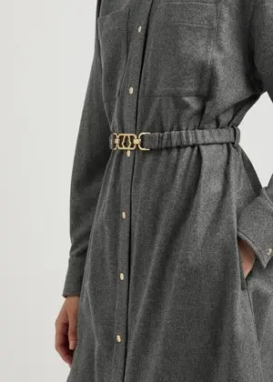 Moncler Belted Wool-blend Midi Shirt Dress With Logo Plaques