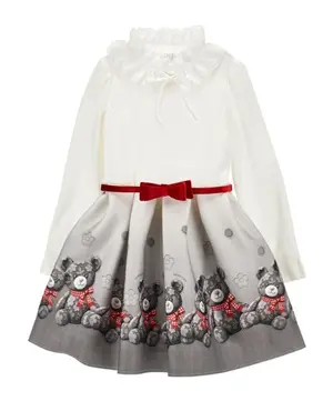 Monnalisa Long Sleeve Ruffle High Neck Dress With Bear Print