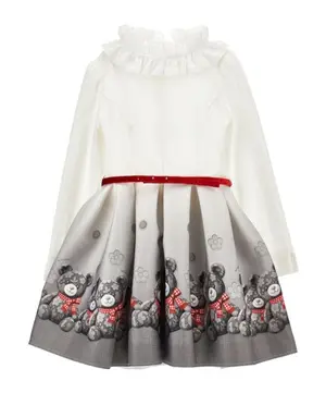 Monnalisa Long Sleeve Ruffle High Neck Dress With Bear Print