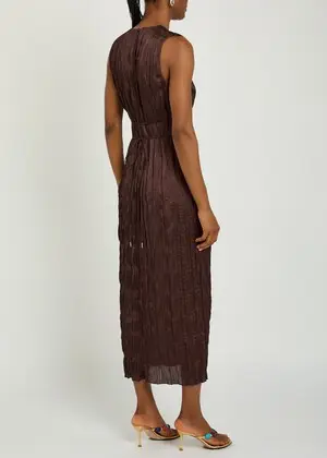 Staud Belted Plissé Midi Dress - Black