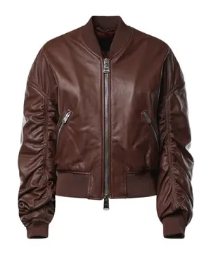 DONDUP Ruched Leather Bomber Jacket - Red