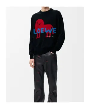 Loewe Crew Neck Lion Intarsia Sweater - Black