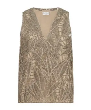 Brunello Cucinelli Linen And Cotton Dazzling Cacao Leaves Embroidery Top - Rope