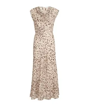 Brunello Cucinelli Lynx-print Silk Pongee Draped Dress With Monili - Beige