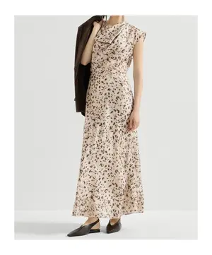 Brunello Cucinelli Lynx-print Silk Pongee Draped Dress With Monili