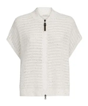 Brunello Cucinelli Linen Diamond Yarn Cardigan With Openwork Stripes And Shiny Zipper Pull